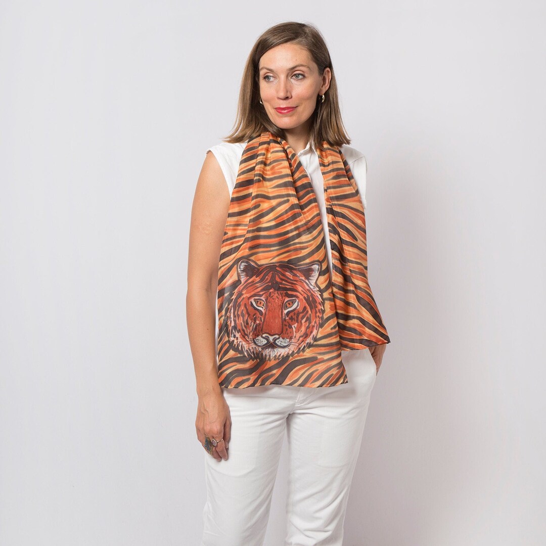 Tiger Print Hand Painted Silk Scarf Tiger Head Tiger Scarf Orange Brown ...
