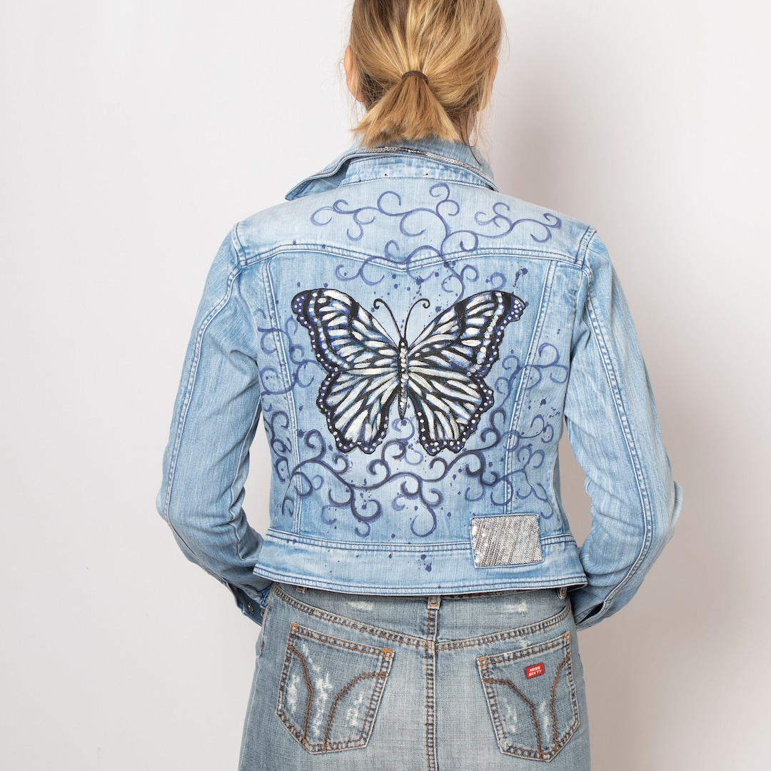 Butterfly Hand Painted Denim Jacket Denim Crop Jacket Light Blue Denim ...