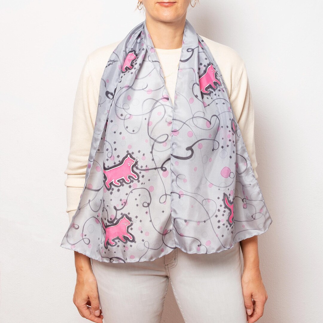 Cat Hand Painted Grey Silk Scarf Cat Mom Gift Kitten Gift Xmas Gift ...