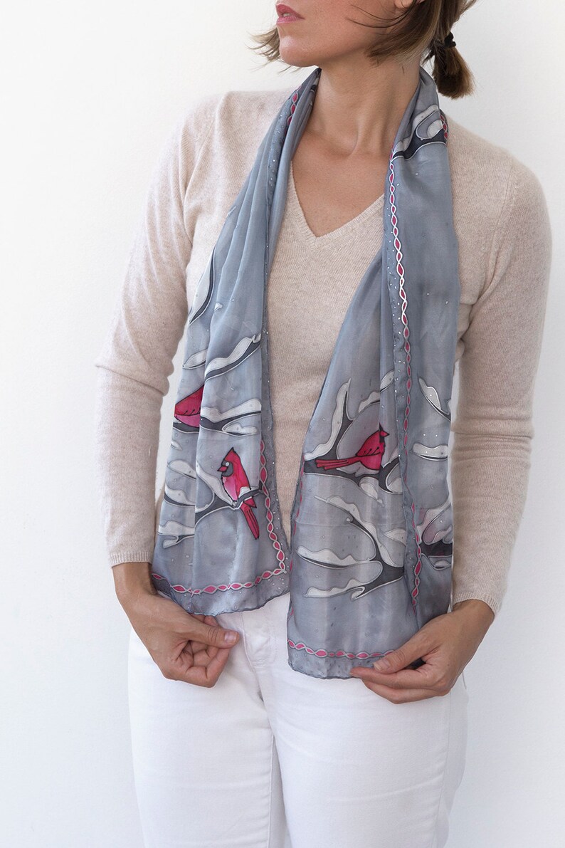 Cardinal Bird Scarf Hand Painted Silk Scarf Cardinal Scarf | Etsy