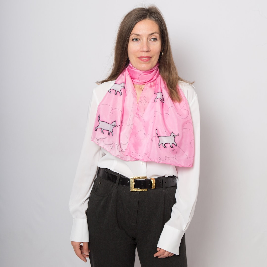 Cat Scarf Hand Painted Silk Scarf Pastel Pink Cat Print Scarf Cat Mom ...