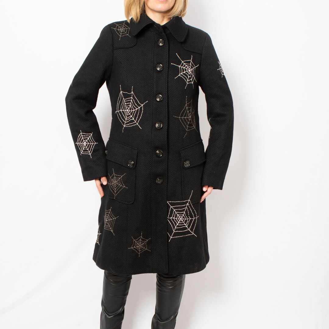 Spider Web Gothic Coat Black Hand Embroidered Coat Black Long Wool Coat ...