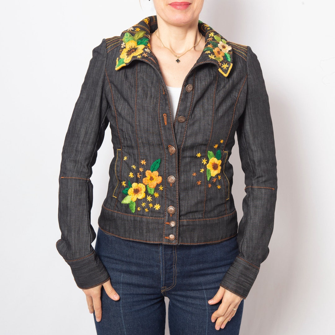 Hand Embroidered Denim Jacket Floral Dark Grey Upcycled Denim - Etsy