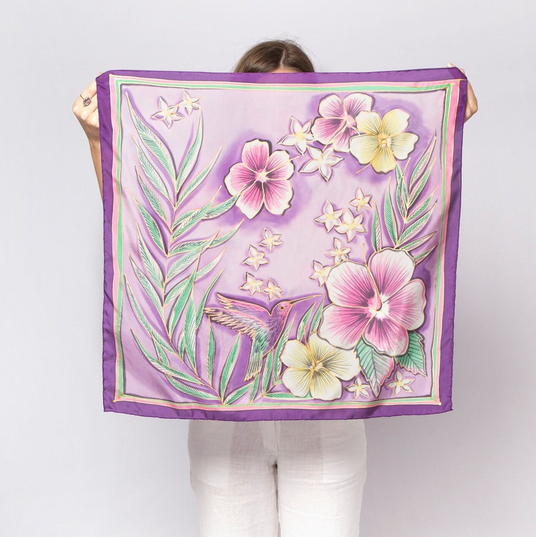 Silk Bandana Floral Silk Scarf Hand Painted Silk Scarf Hibiscus Colibri ...