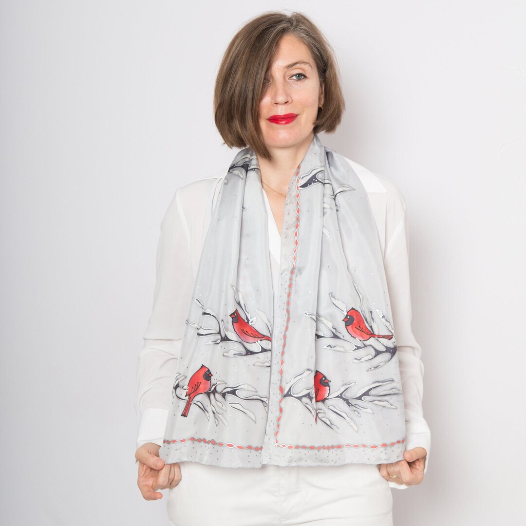 Cardinal Bird Hand Painted Silk Scarf Red Cardinal Scarf Grey Silk ...