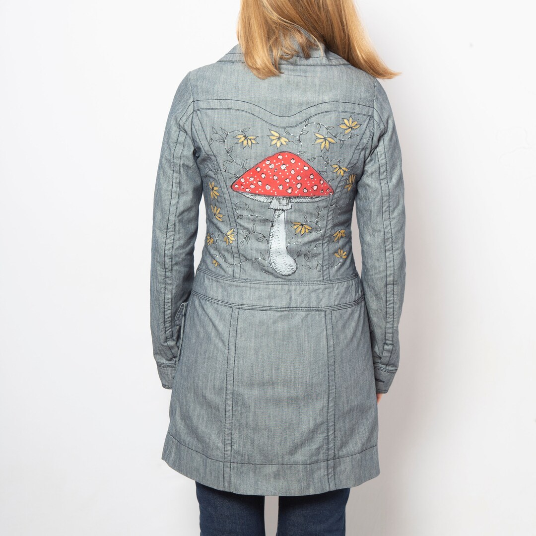 Hand Painted Denim Jacket Mushroom Amanita Muscaria Denim Trench Coat ...