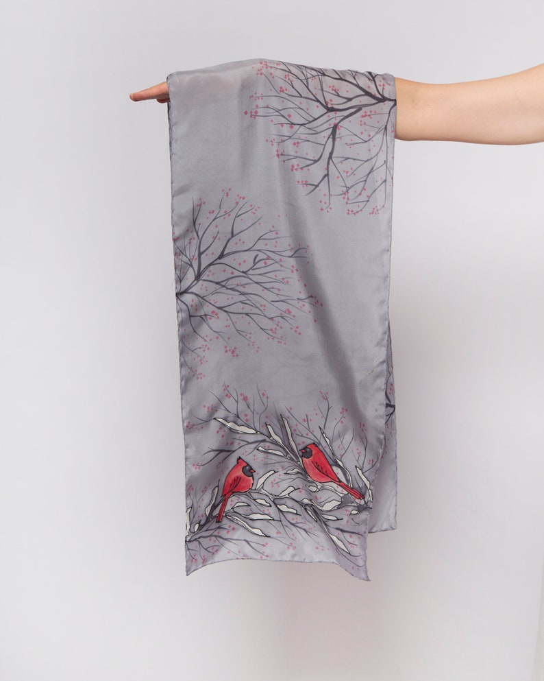 Cardinal Bird Scarf Hand Painted Silk Scarf Red Cardinal Grey - Etsy