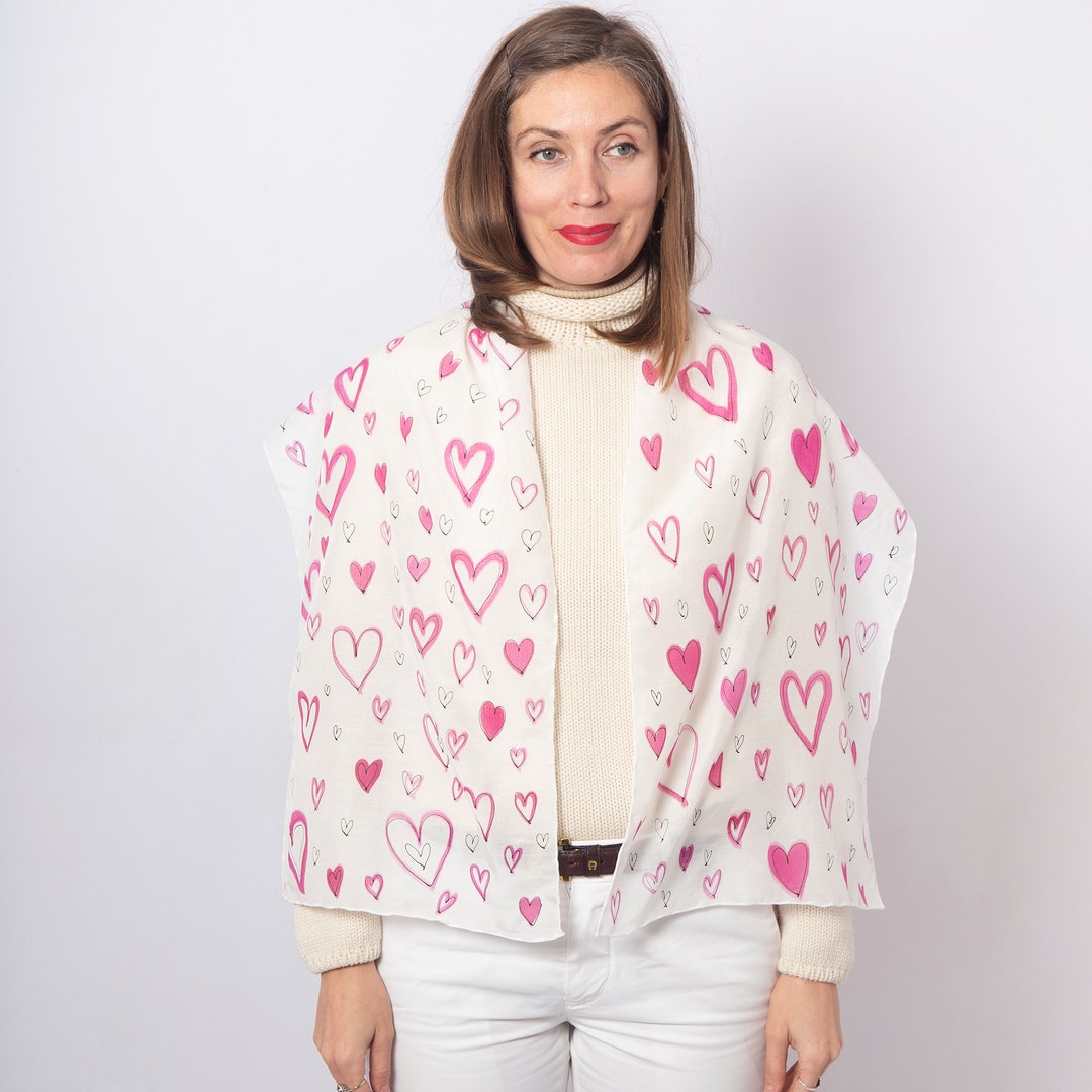 Heart Print Scarf Hand Painted Silk Scarf White Silk Scarf Love ...