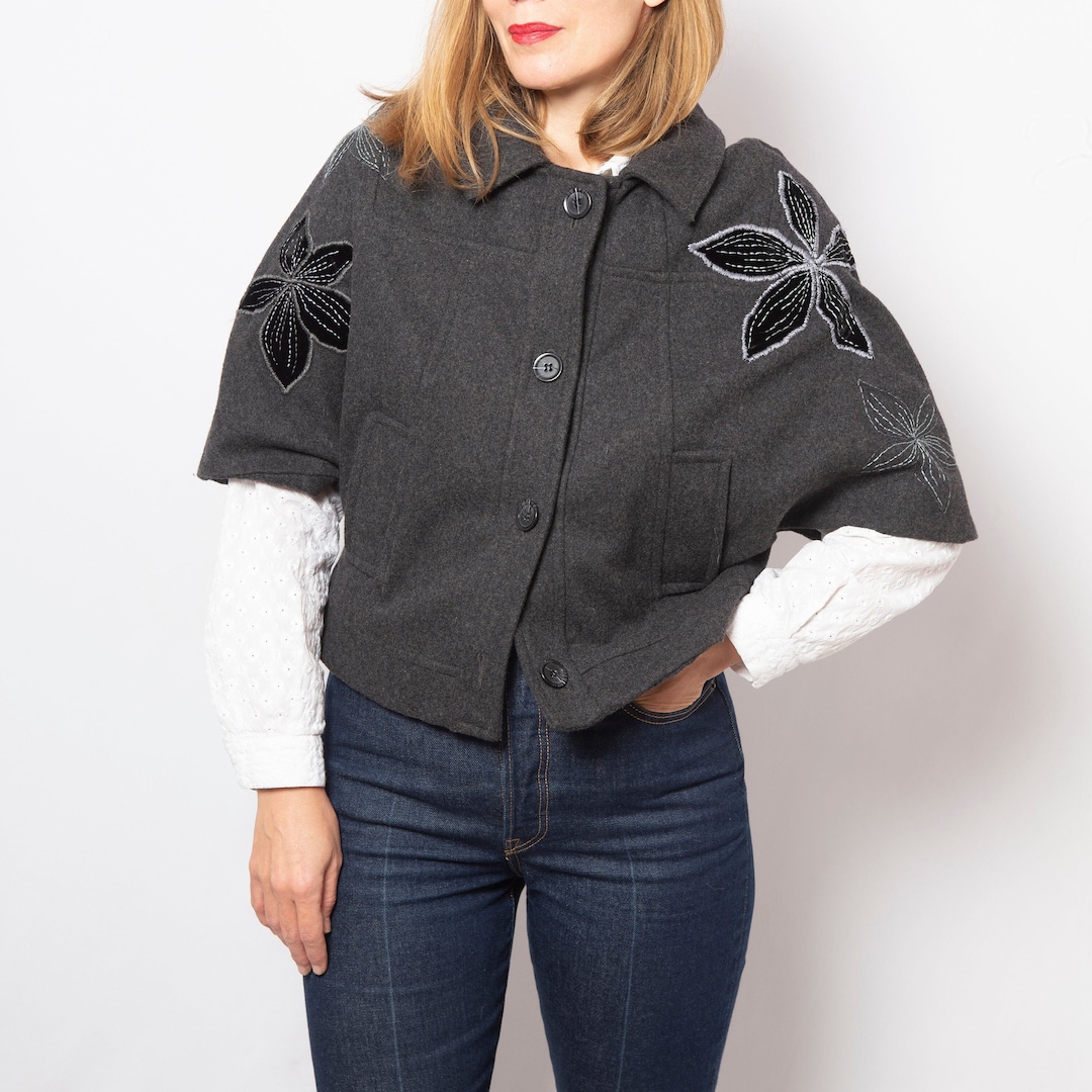 Cape Coat Hand Embroidered Cape Coat Short Sleeve Floral Applique Hand ...