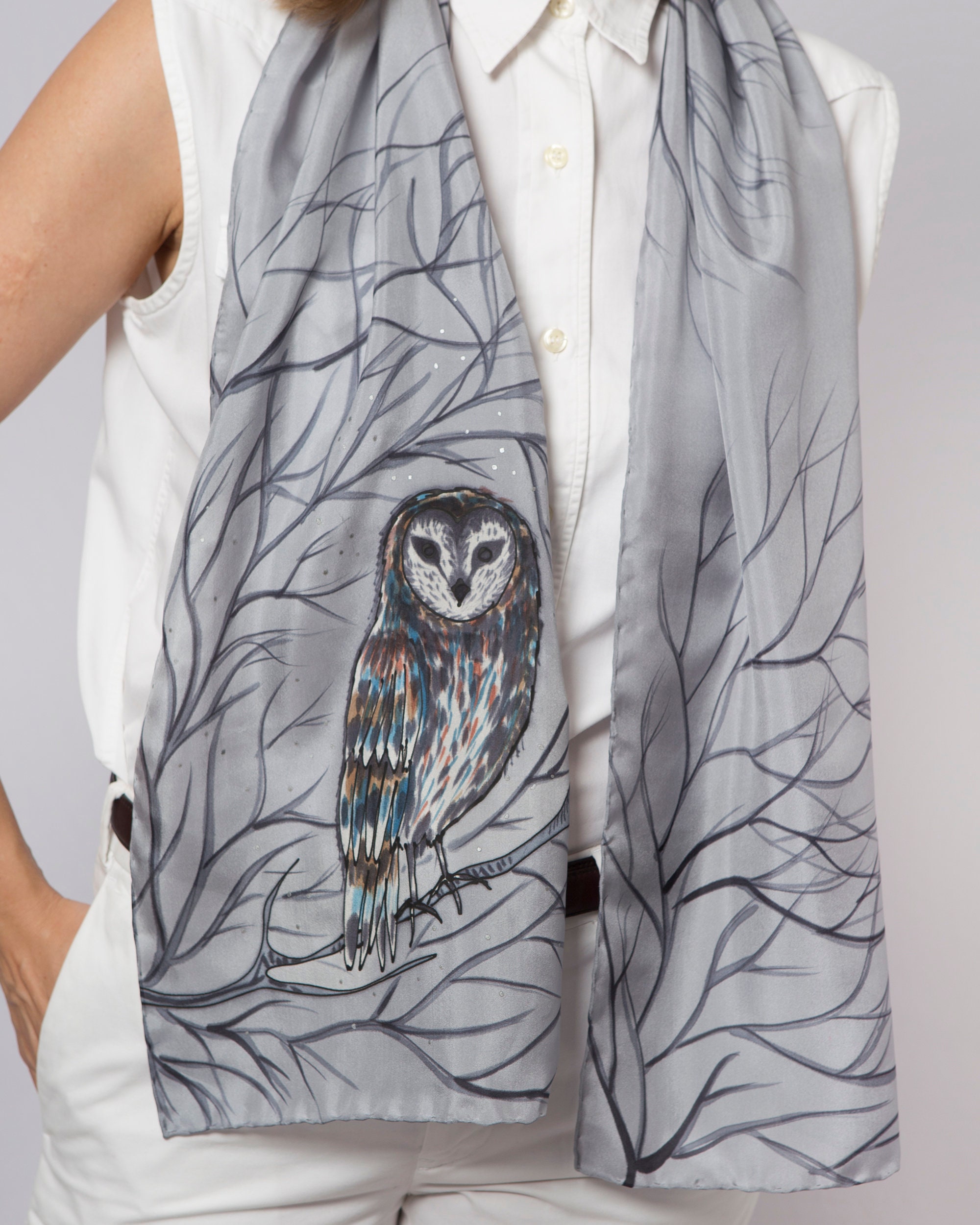 Owl Hand Painted Silk Scarf Grey Silk Scarf Bird Scarf Winter | Etsy