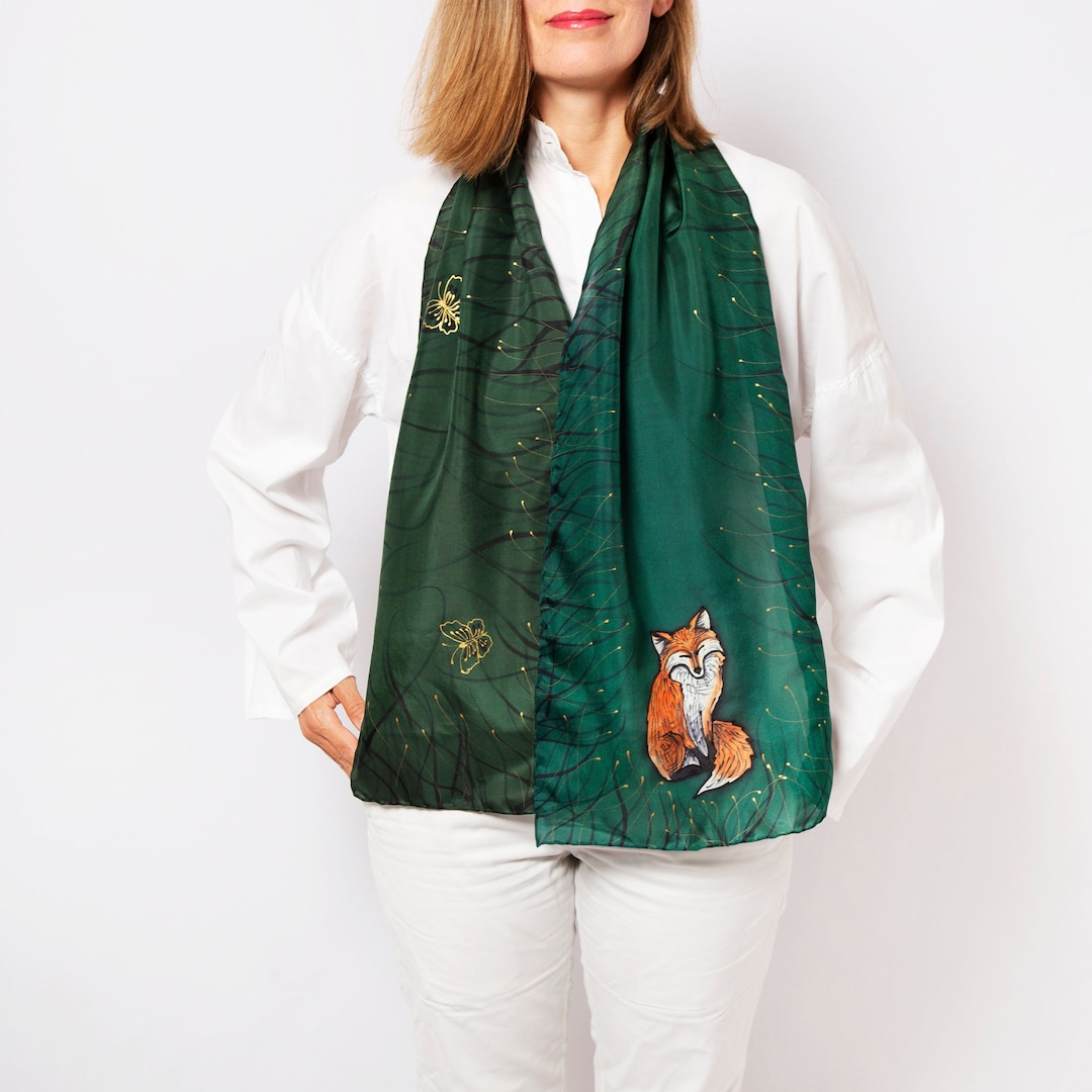 Fox Hand Painted Green Silk Scarf Animal Print Fox Gifts Birthday Gift ...