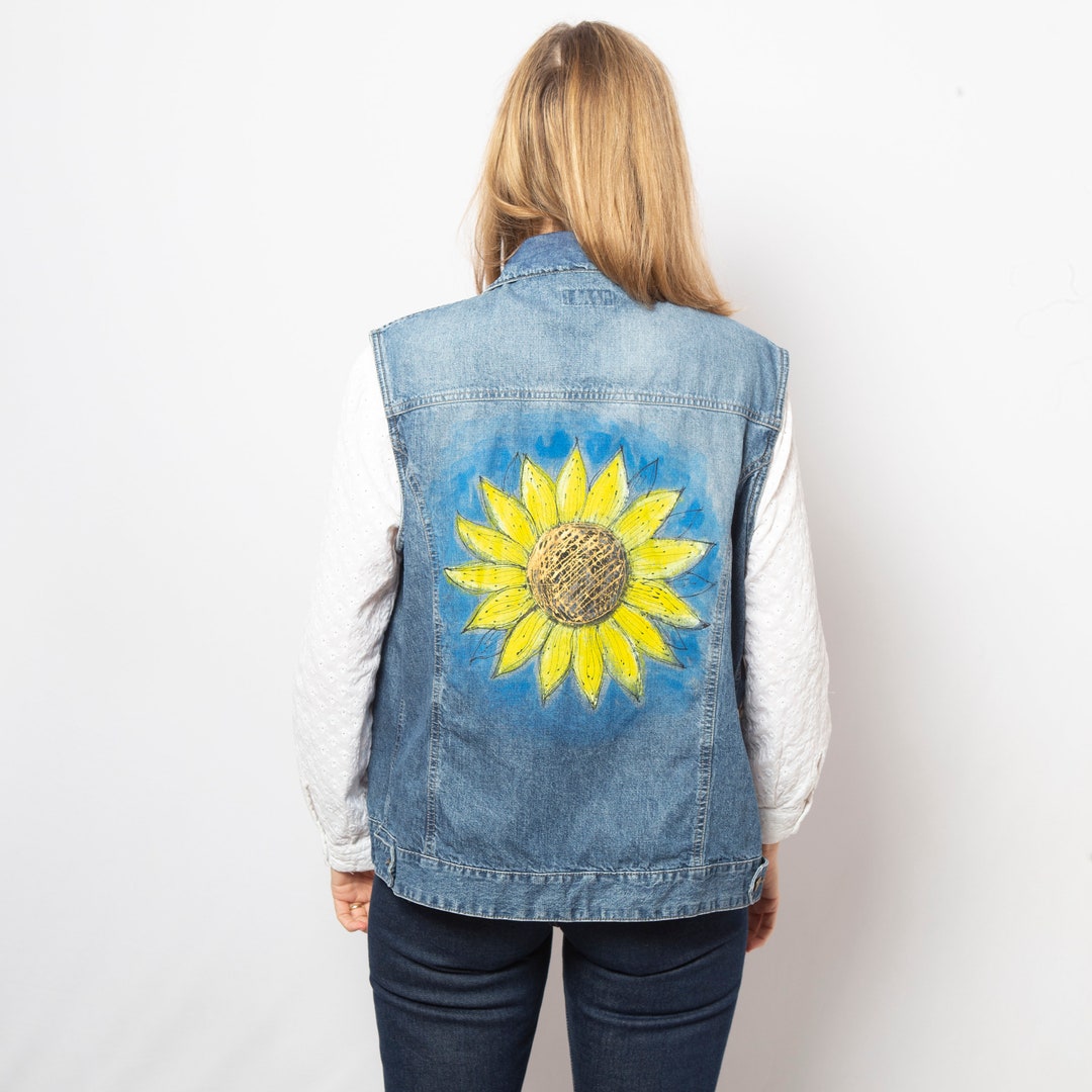Sunflower Hand Painted Denim Vest Floral Casual Vest Ukraine No War ...