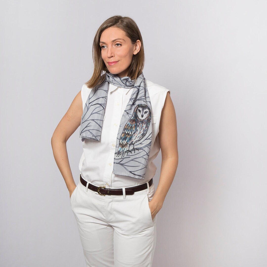 Owl Hand Painted Silk Scarf Grey Silk Scarf Bird Scarf Winter Scarf ...