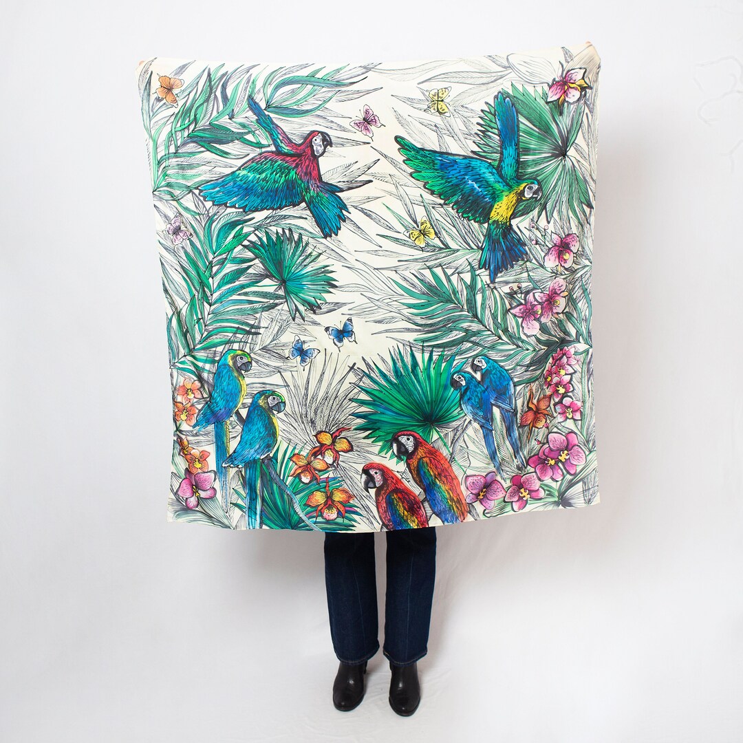 Hand Painted Silk Scarf Macaw Parrot Art Orchid Beige Square Head Scarf ...