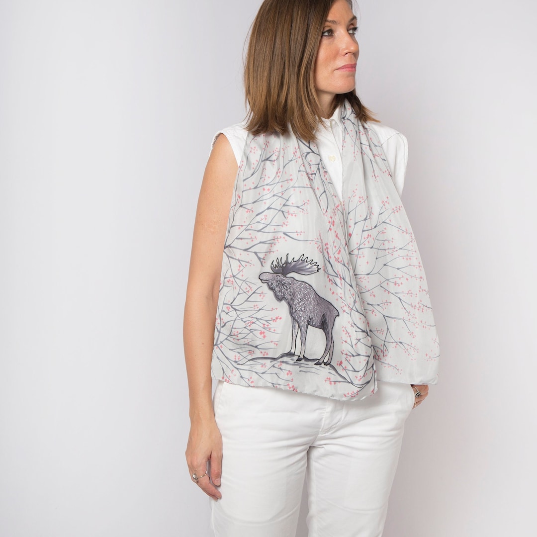 Moose Scarf Hand Painted Silk Scarf Grey Silk Scarf Moose Print Pure ...