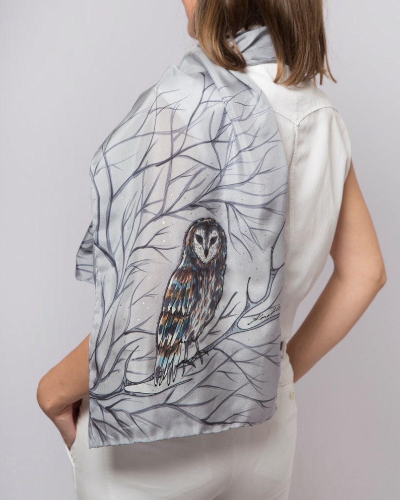 Owl Hand Painted Silk Scarf Grey Silk Scarf Bird Scarf Winter Scarf ...
