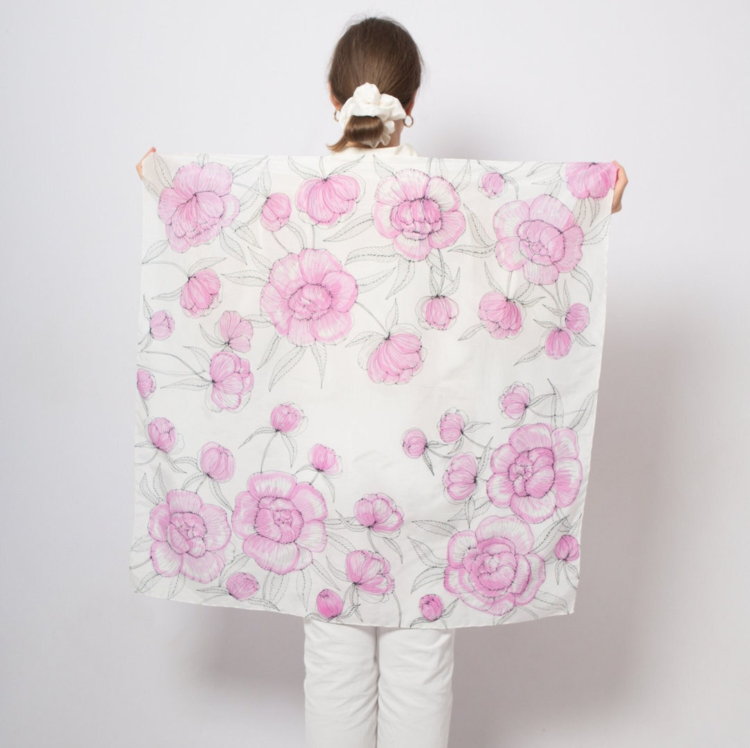 Peony Hand Painted White Silk Square Scarf Floral Foulard Mother Gift ...