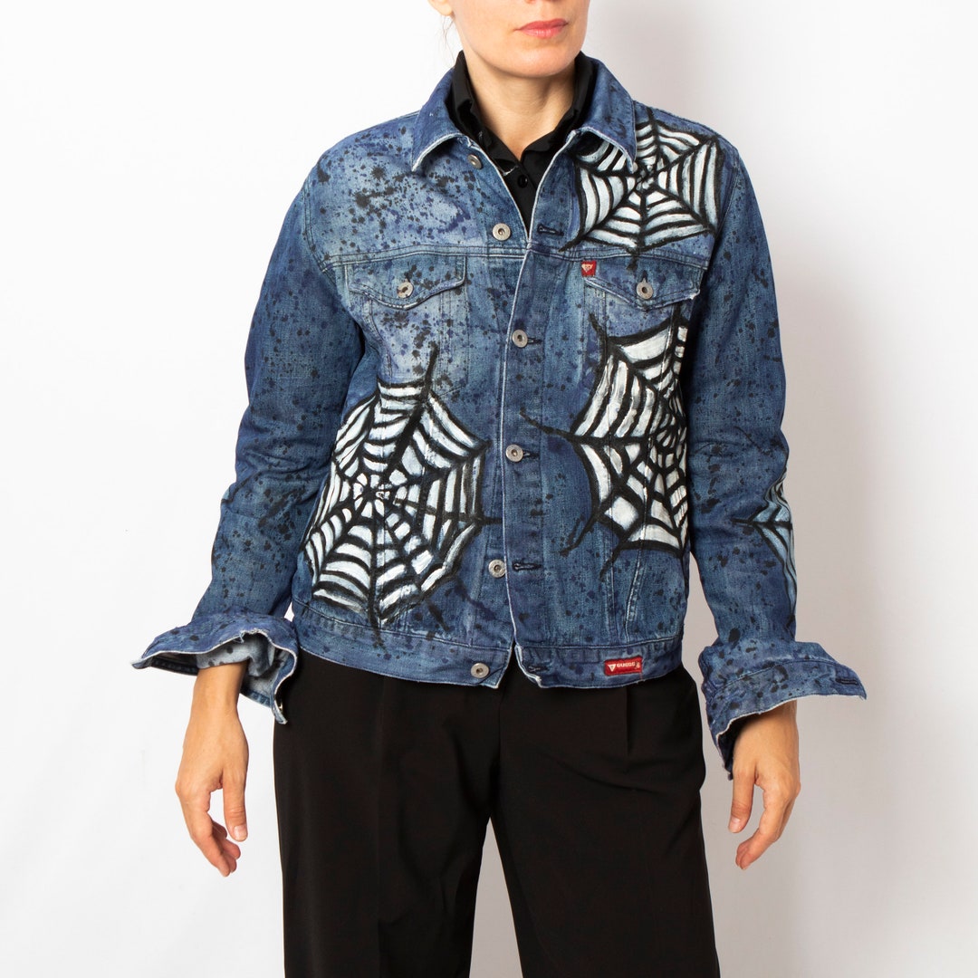 Spider Web Hand Painted Denim Jacket Guess Unisex Halloween Jacket Fit ...