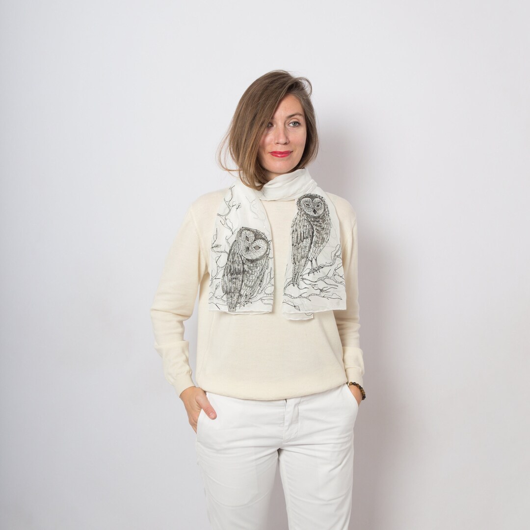 Owl Scarf White Silk Scarf Hand Painted Silk Scarf Owl White Silk ...