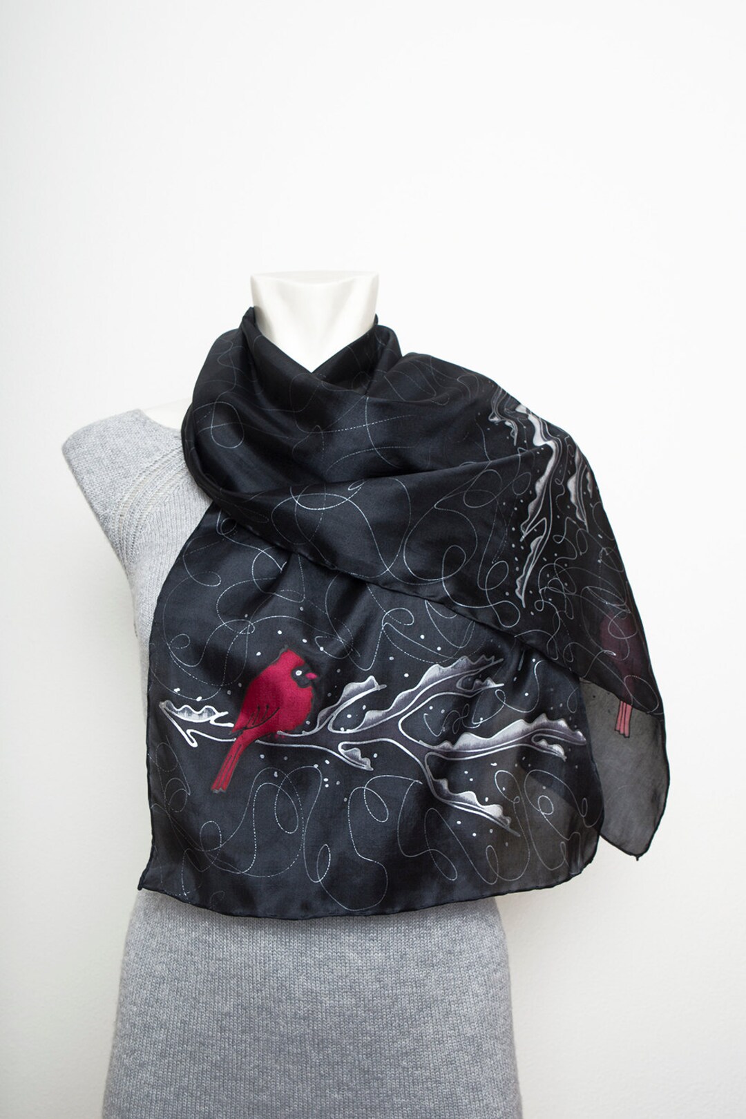 Hand Painted Silk Scarf Cardinal Bird Dark Grey Winter Scarf Christmas ...