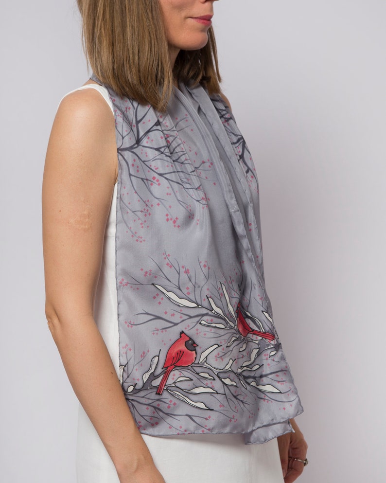 Cardinal Bird Scarf Hand Painted Silk Scarf Red Cardinal Grey - Etsy