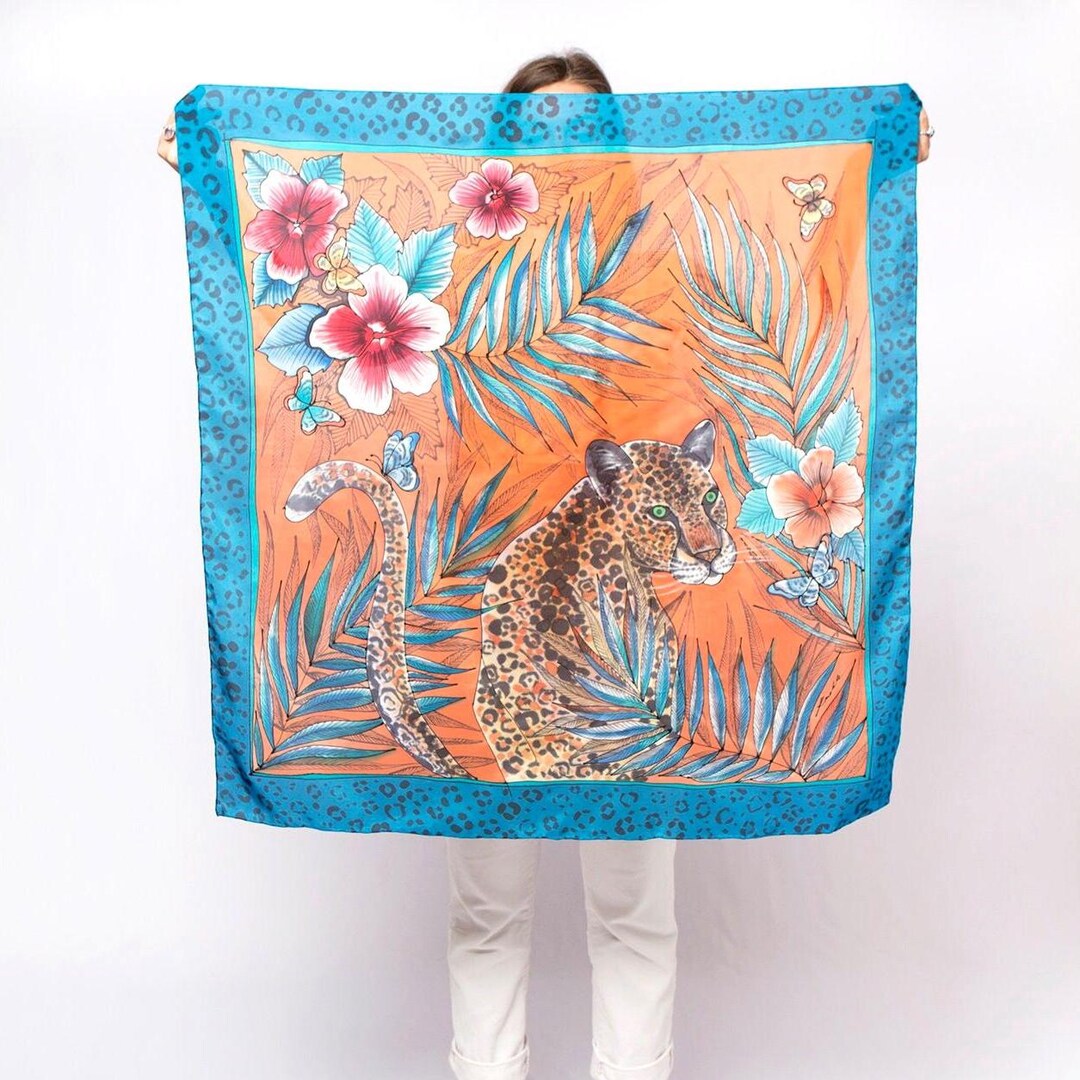 Leopard Hand Painted Silk Scarf Square Scarf Leopard Scarf Tropical ...