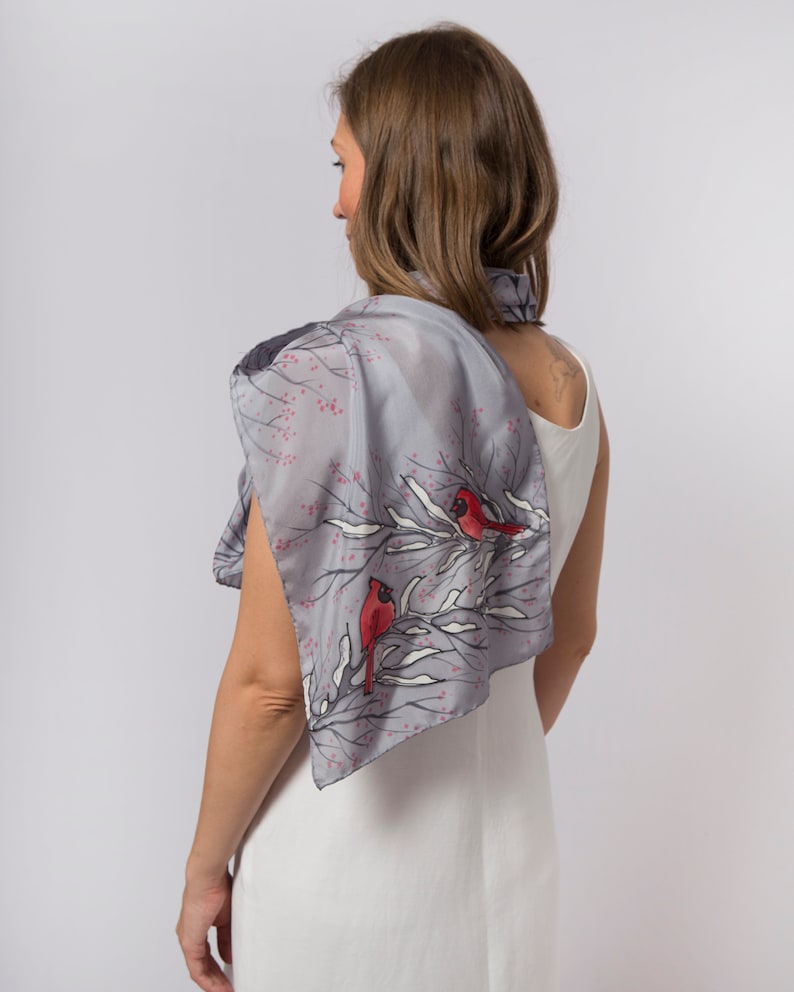 Cardinal Bird Scarf Hand Painted Silk Scarf Red Cardinal Grey - Etsy