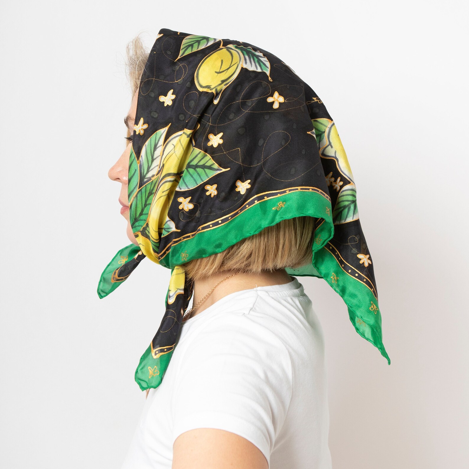 Amalfi Hand Painted Black Silk Scarf Lemon Print Small Head Scarf ...