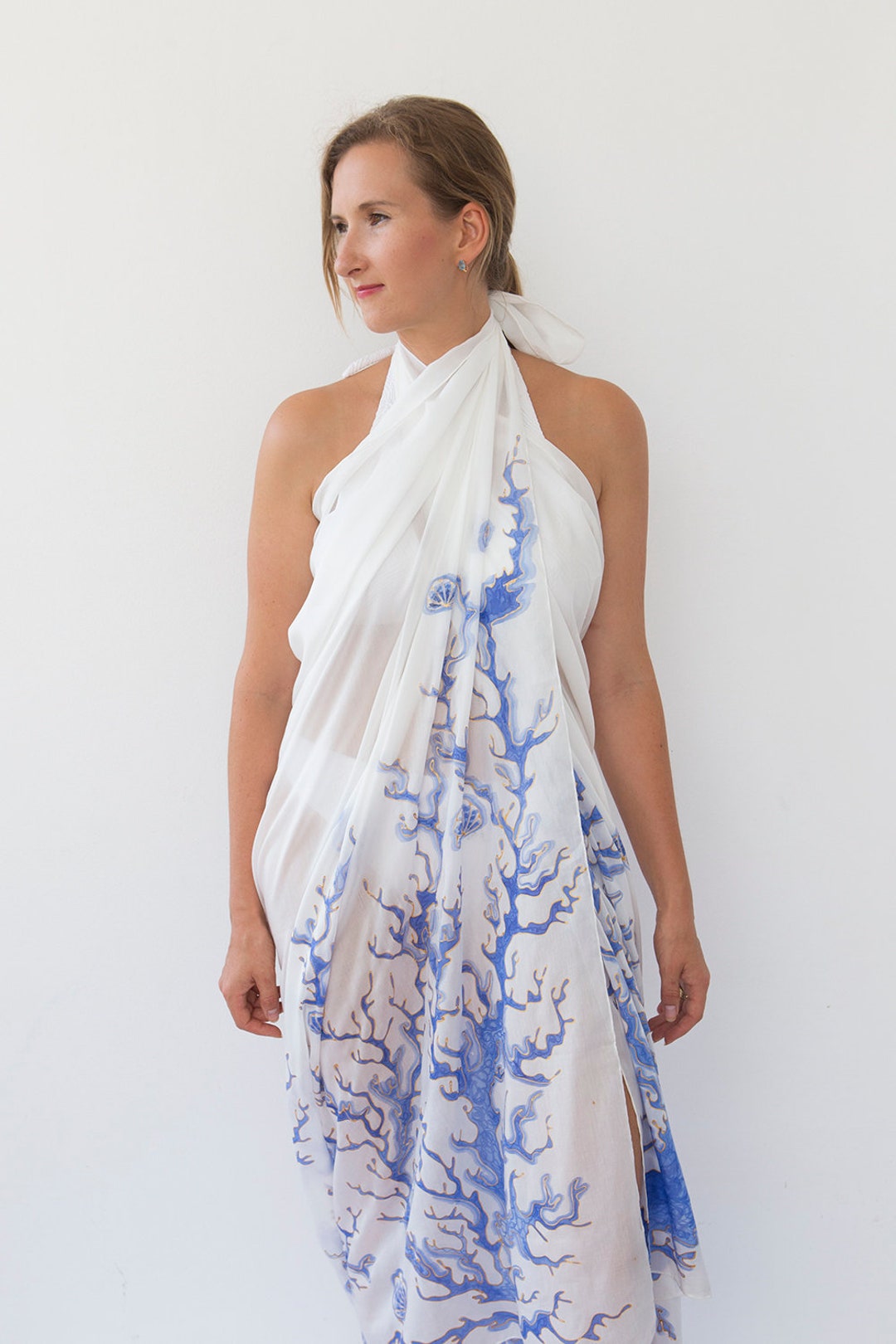 Coral Reef Hand Painted Blue White Large Sarong Beach Cover up Beach ...