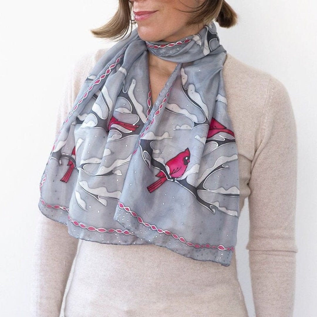 Cardinal Bird Scarf Hand Painted Silk Scarf Cardinal Scarf Grey Red ...