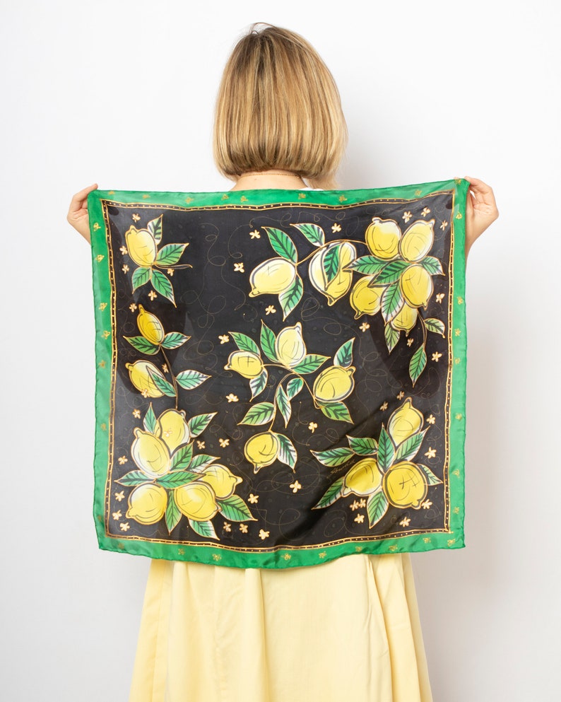 Amalfi Hand Painted Black Silk Scarf Lemon Print Small Head Scarf ...
