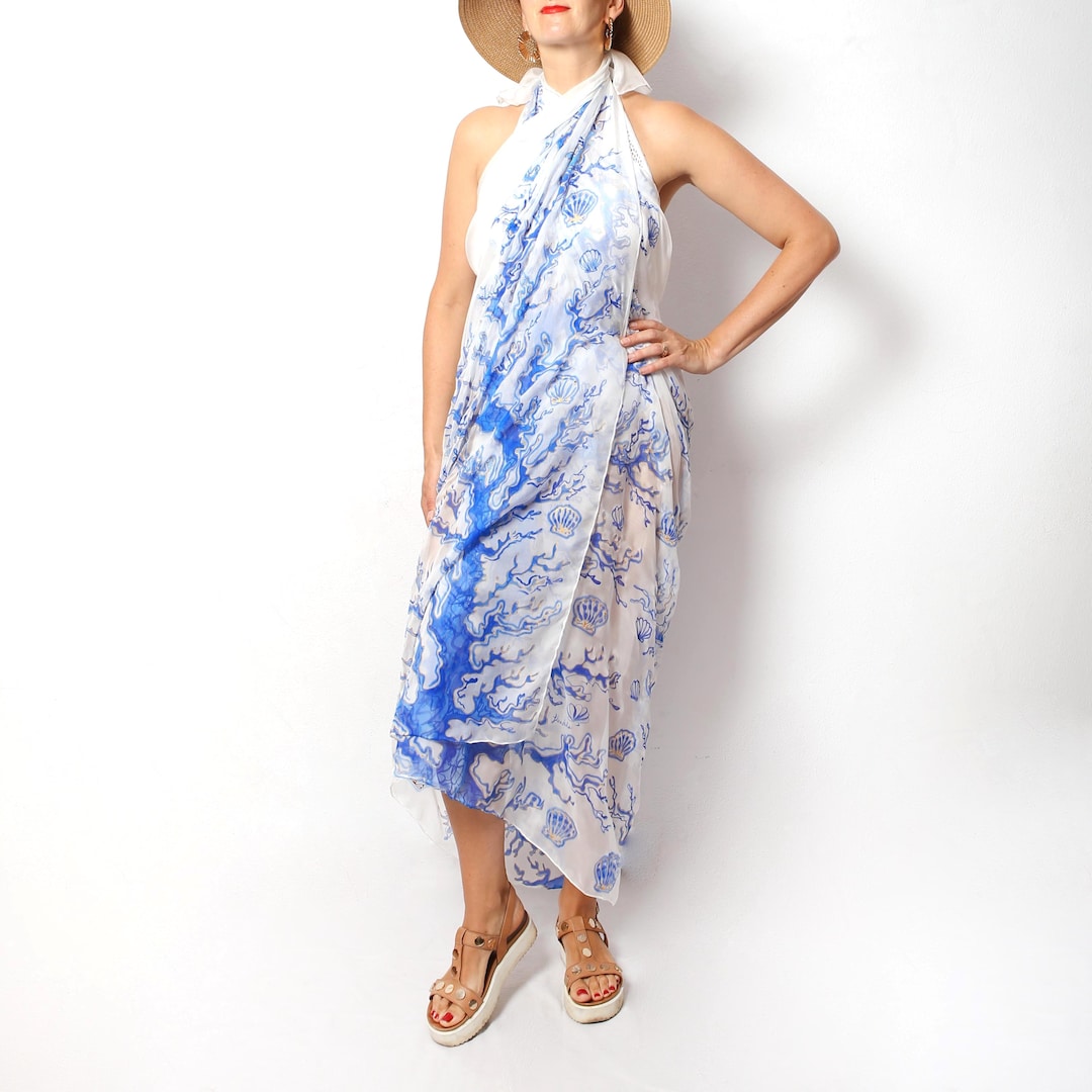 Coral Reef Hand Painted Blue White Silk Chiffon Sarong Nautical Scarf ...