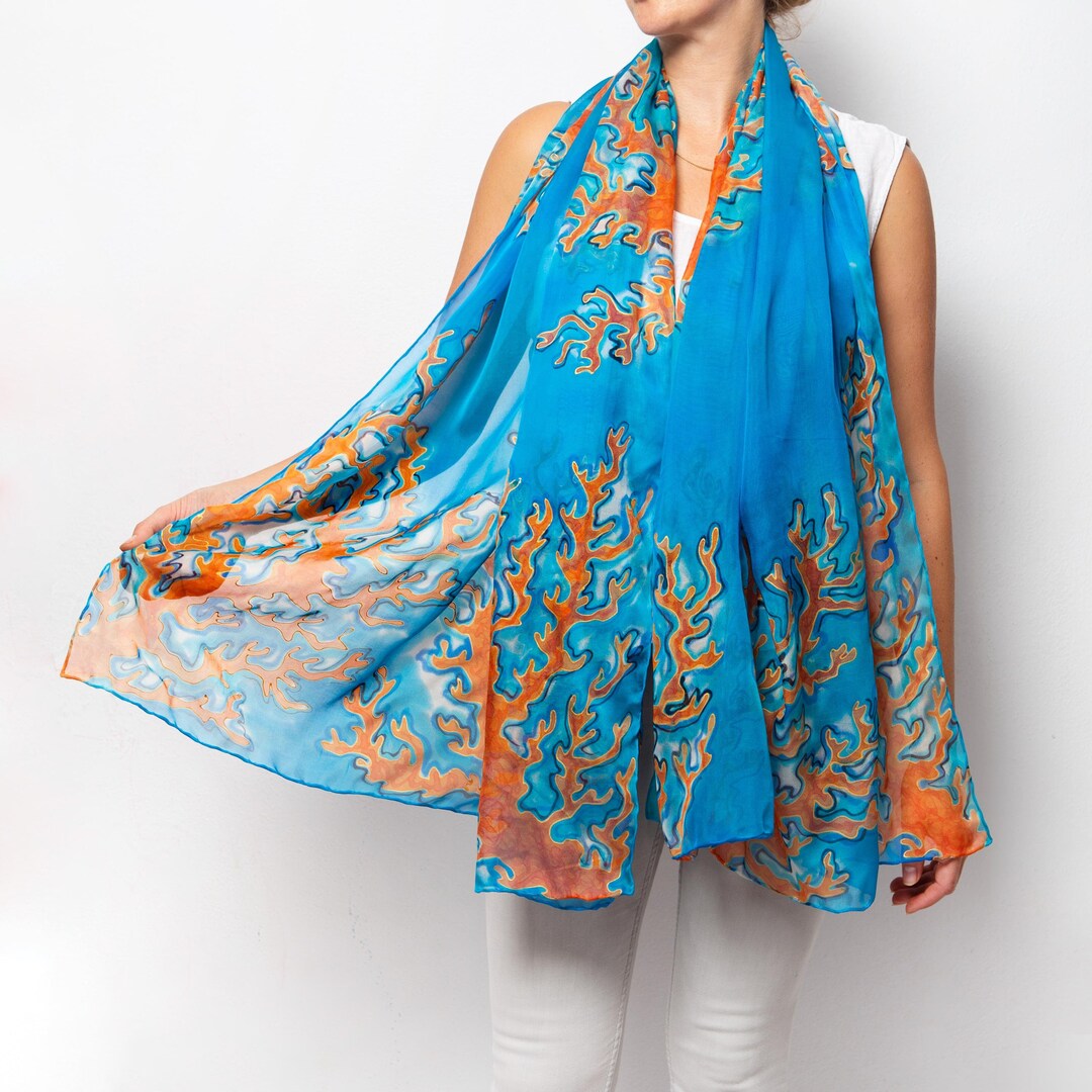Coral Reef Hand Painted Blue Chiffon Scarf Nautical Print Sarong Beach ...