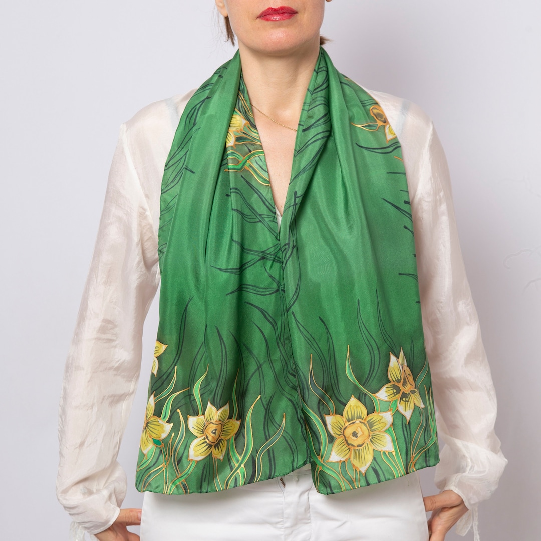 Daffodil Hand Painted Silk Scarf Green Silk Scarf Floral Spring Scarf ...