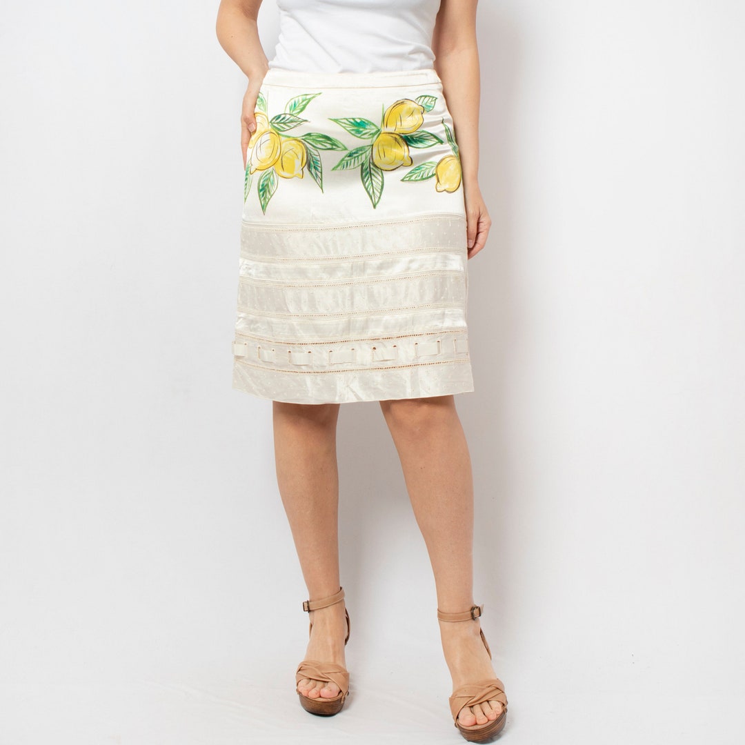 Lemon Print Hand Painted Skirt Floral Cream High Waist Pencil Skirt ...