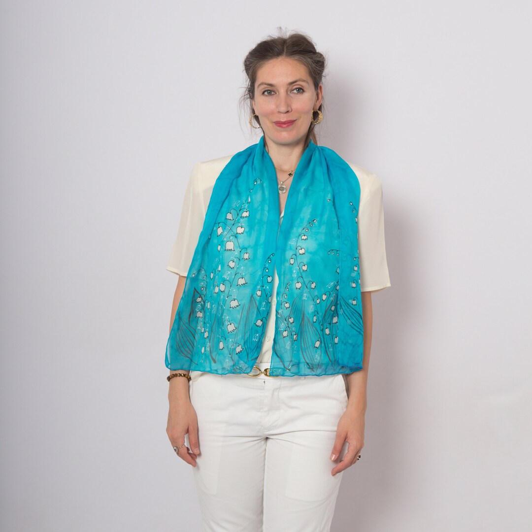 Lily of the Valley Hand Painted Silk Scarf Cyan Silk Scarf Silk Chiffon ...