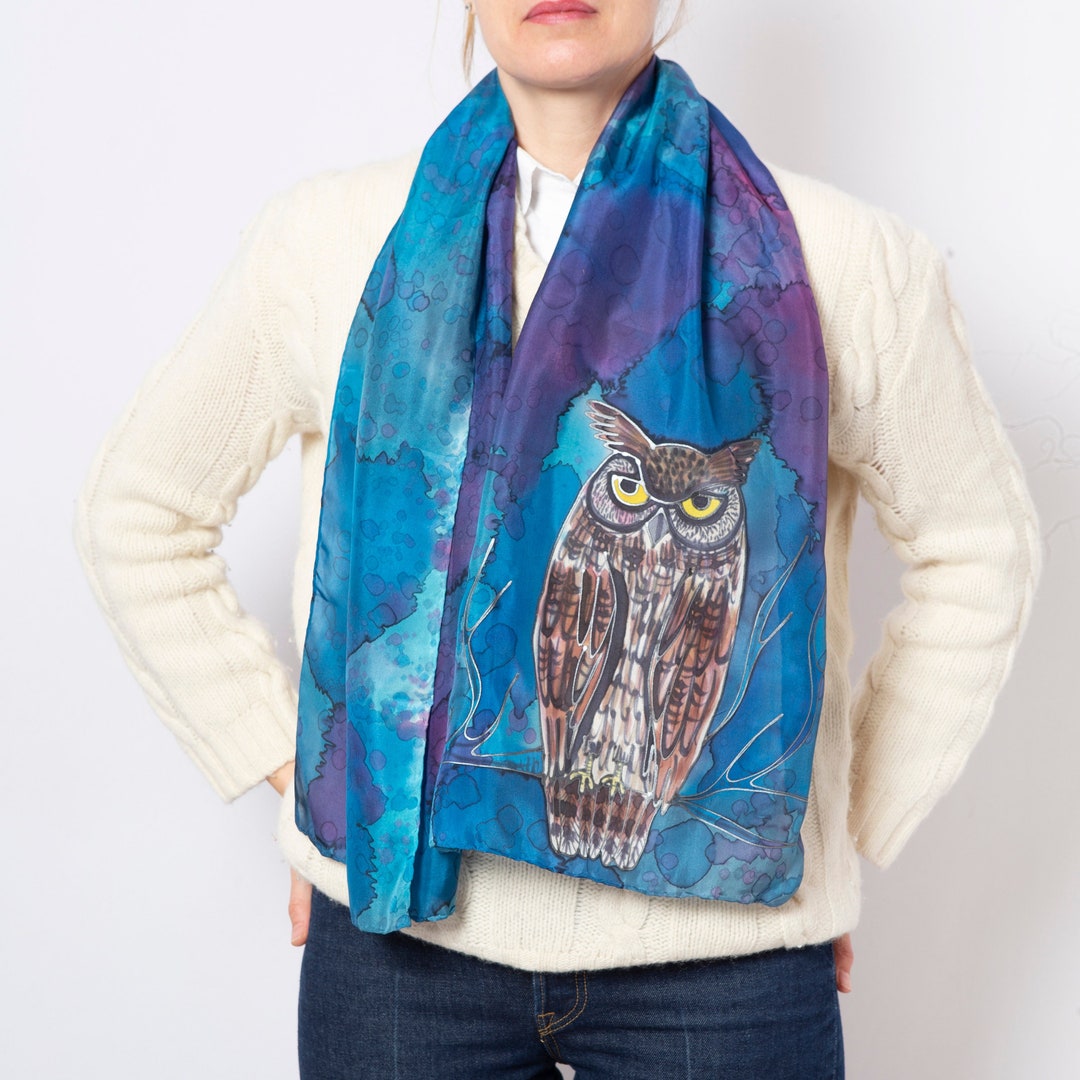 Owl Hand Painted Silk Scarf Horned Owl Blue Silk Scarf Galaxy Print Owl ...