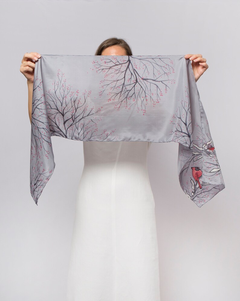 Cardinal Bird Scarf Hand Painted Silk Scarf Red Cardinal Grey - Etsy
