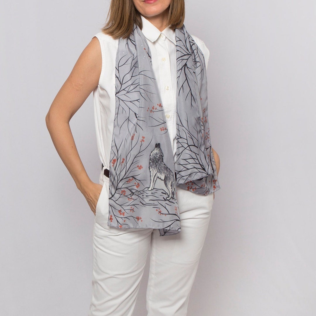 Wolf Print Hand Painted Silk Scarf Wolf Scarf Grey Silk Scarf Wolf ...