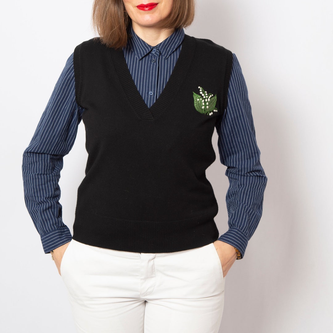 Lily of Valley Embroidered Vest Upcycled Black Knitted Women Vest ...