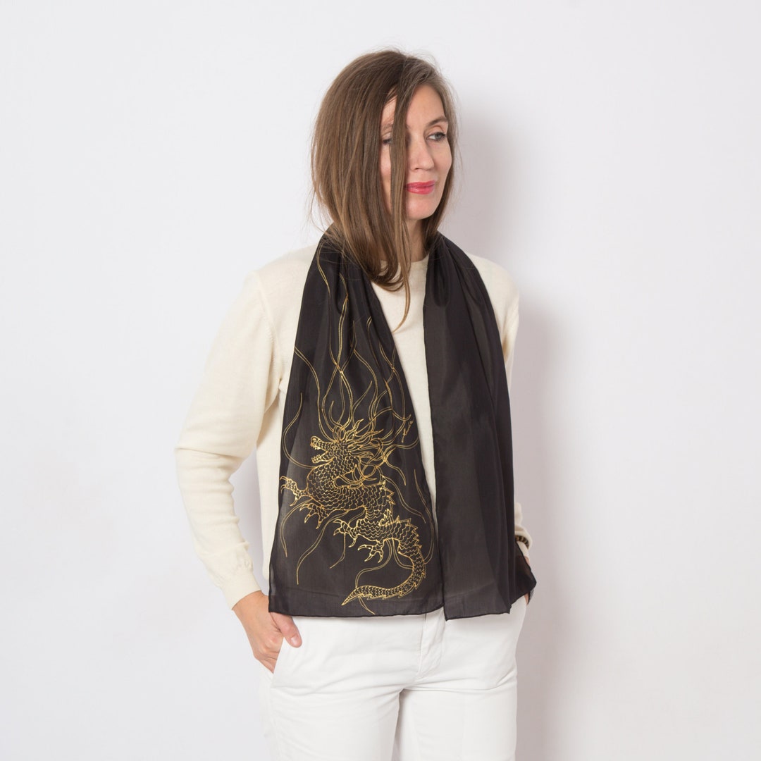 Dragon Scarf Hand Painted Scarf Silk Cotton Scarf Black Gold Scarf ...