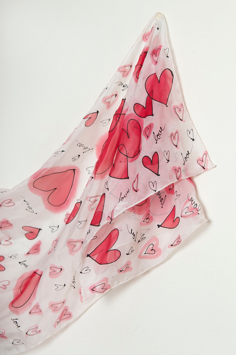 Red Heart Hand Painted White Silk Chiffon Scarf Heart Print Wife ...
