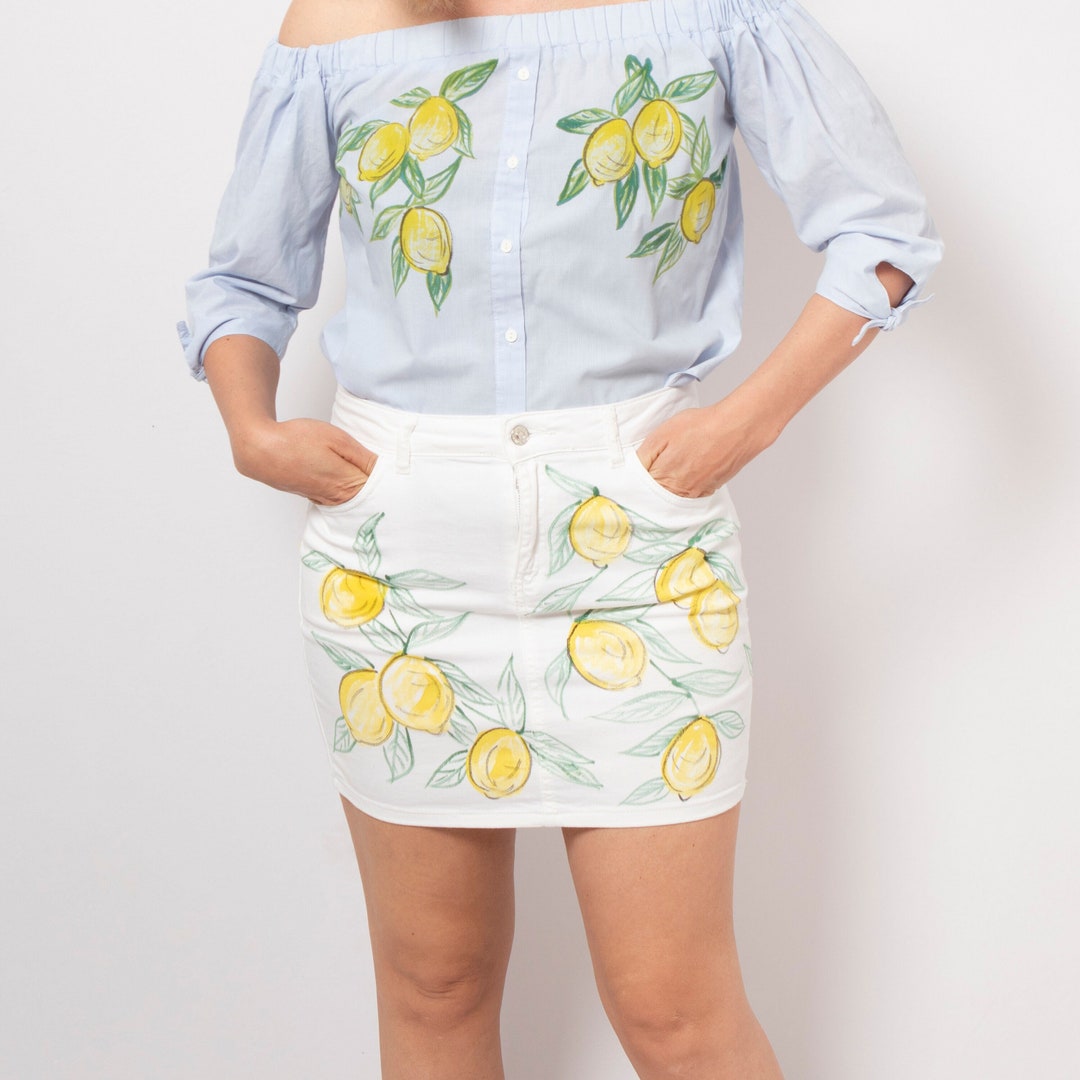 Lemon Print Denim Mini Skirt Hand Painted Skirt Floral White Sexy Mini ...