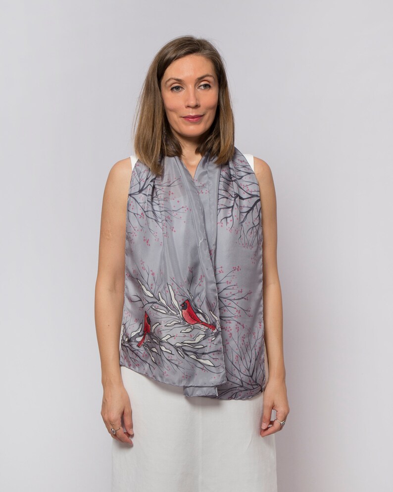 Cardinal Bird Scarf Hand Painted Silk Scarf Red Cardinal Grey - Etsy