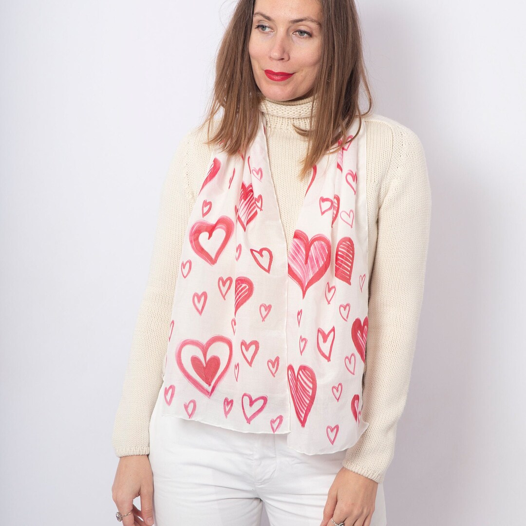Heart Scarf Hand Painted Scarf White Cotton Scarf Girlfriend Fiance ...