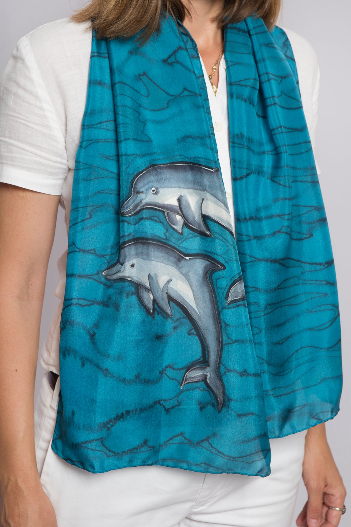 Dolphin Hand Painted Silk Scarf Dolphin Silk Scarf Blue | Etsy