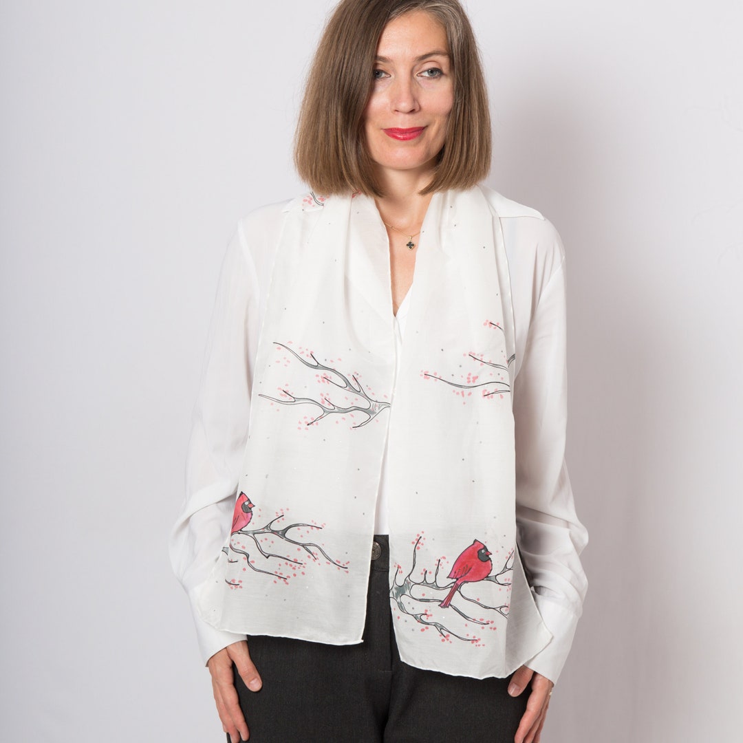 Cardinal Bird Hand Painted Silk Scarf Cardinal Scarf White Red Winter ...