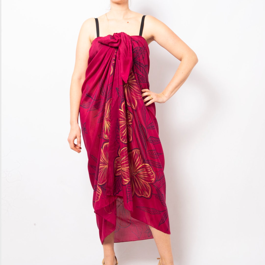 Hand Painted Sarong Hibiscus Red Tropical Print Vacation Resort Wear ...