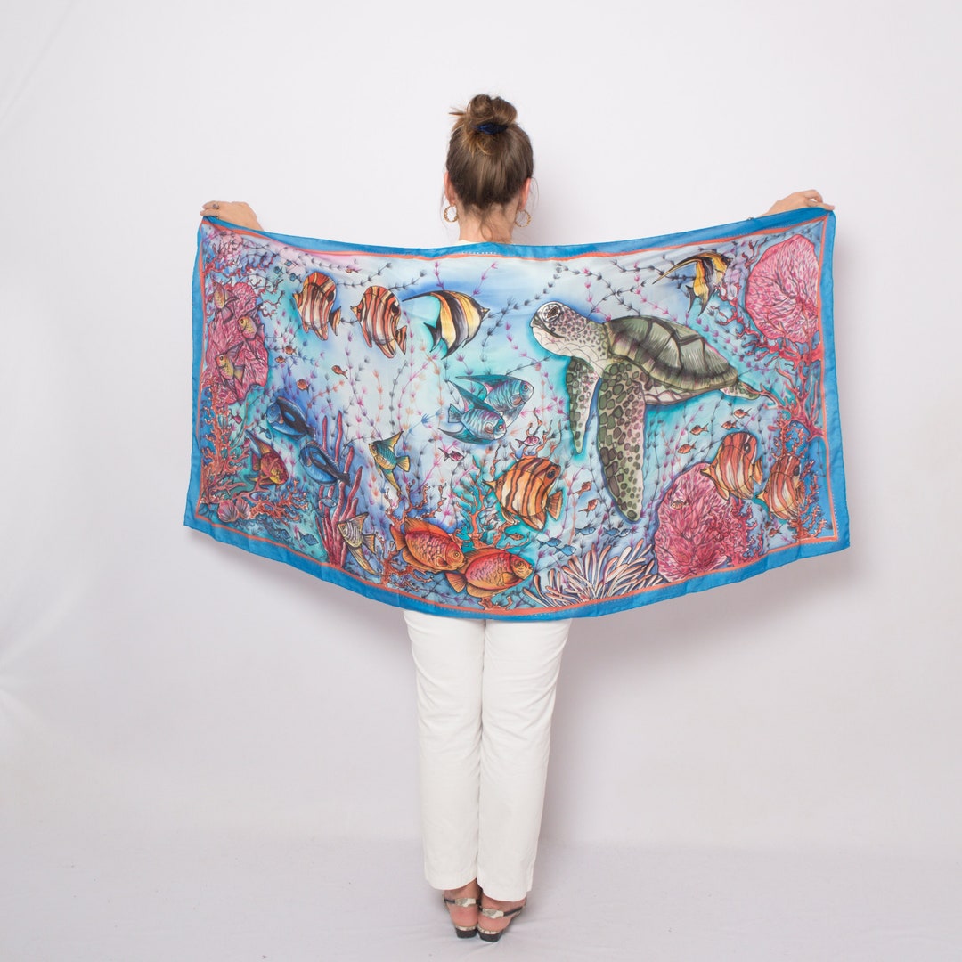 Hand Painted Silk Scarf Fish Sea Turtle Coral Underwater Fish Scarf ...