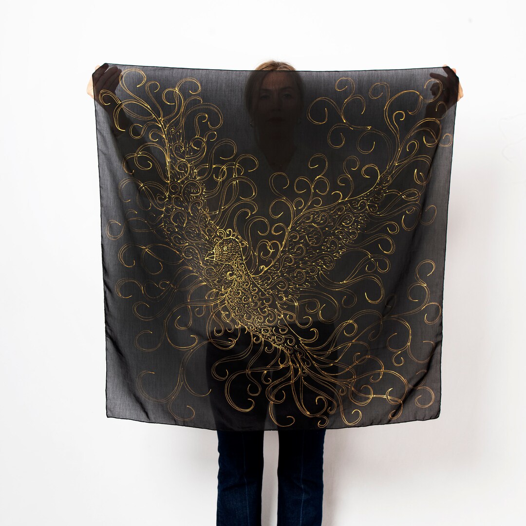 Phoenix Hand Painted Black Gold Scarf Phoenix Bird Phoenix Scarf ...